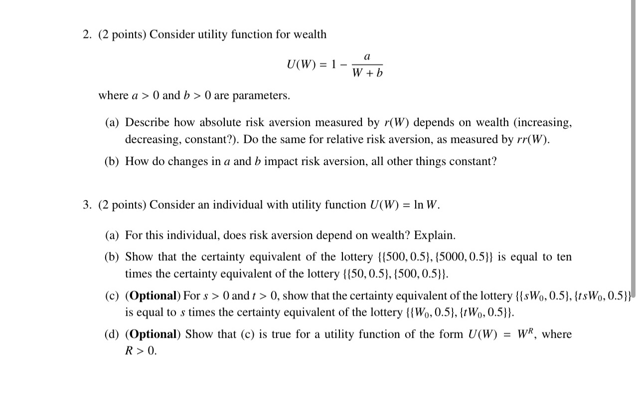 Solved (2) ﻿Consider utility function for | Chegg.com