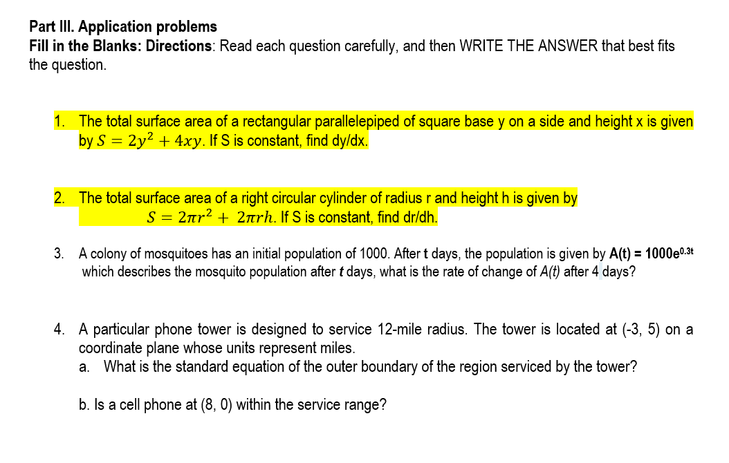 Solved Part III. Application problems Fill in the Blanks: | Chegg.com