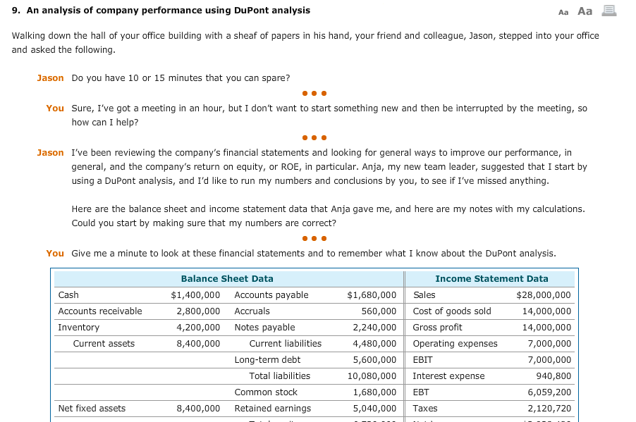 Solved 9. An analysis of company performance using DuPont | Chegg.com