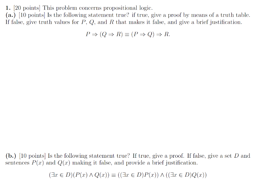 Solved 1. [20 points] This problem concerns propositional | Chegg.com