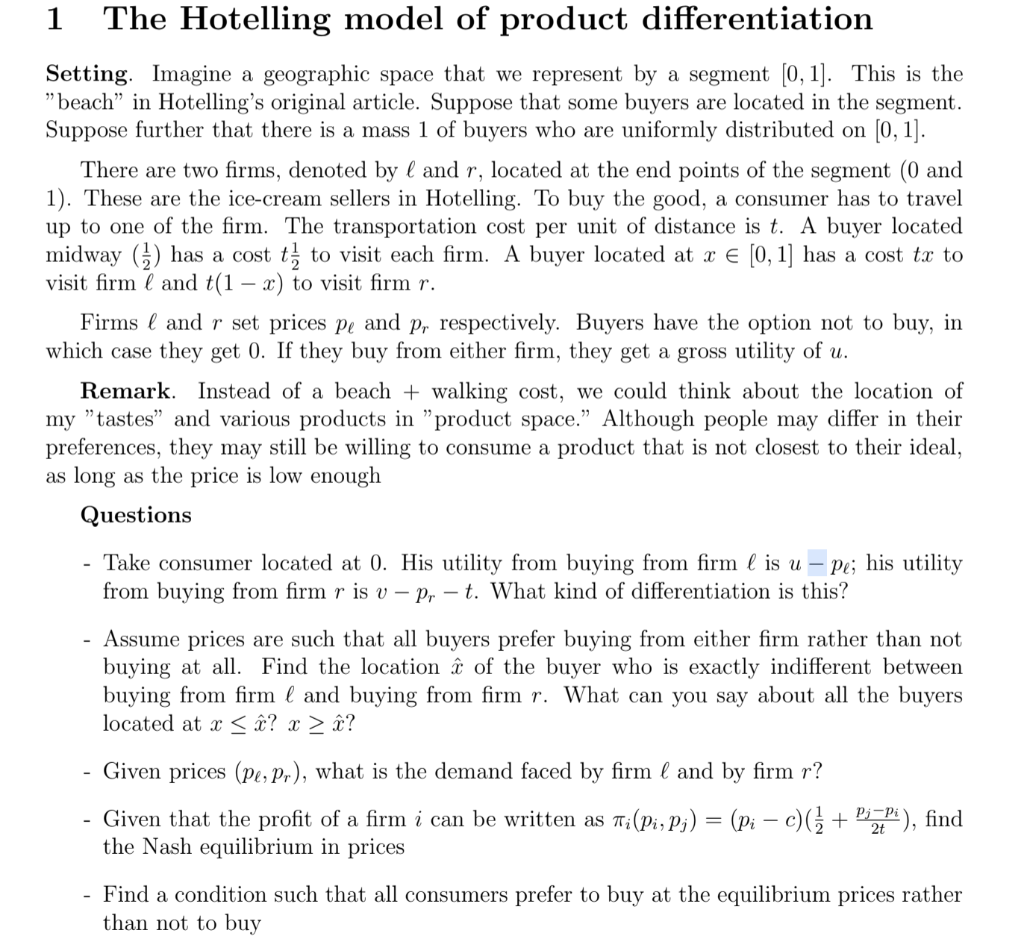 The Hotelling model of product differentiation 1 | Chegg.com