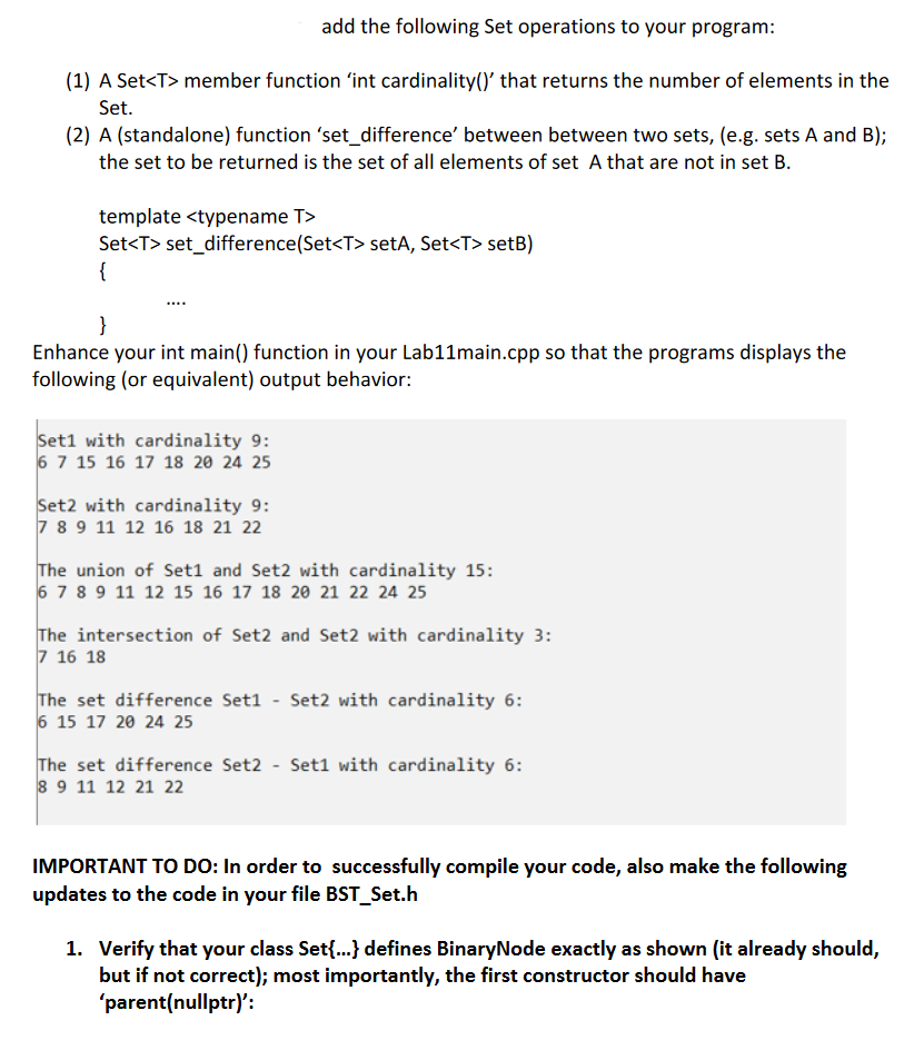 Start this lab by obtaining a copy of file BST_Set. | Chegg.com