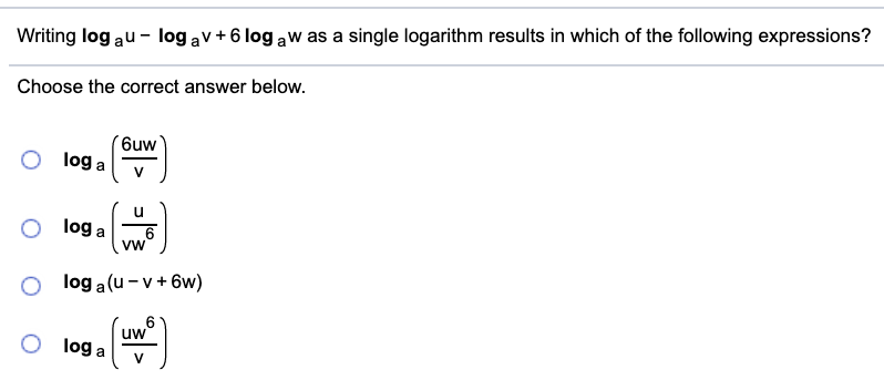 Solved Writing log au- log av +6 log aw as a single | Chegg.com