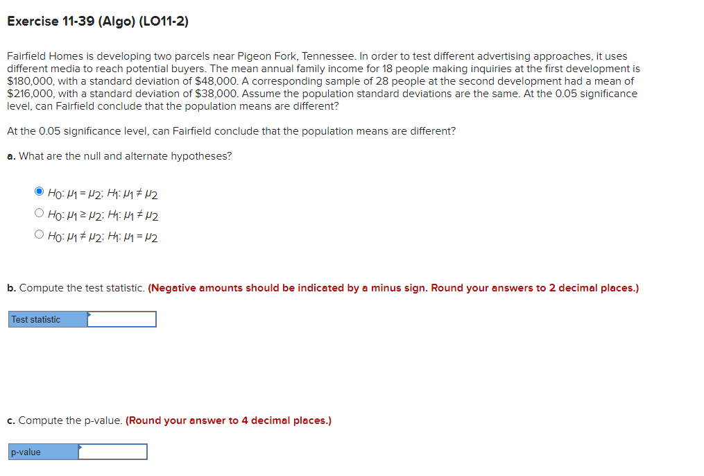 Solved Exercise 11-39 (Algo) (LO11-2) Fairfield Homes is | Chegg.com