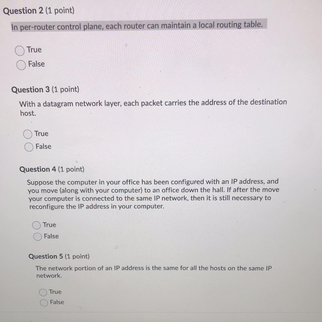 Solved Question 2 (1 point) In per-router control plane, | Chegg.com