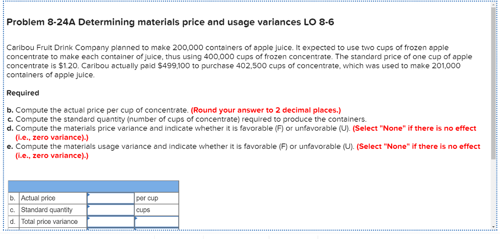 Solved Problem 8-24A Determining materials price and usage | Chegg.com