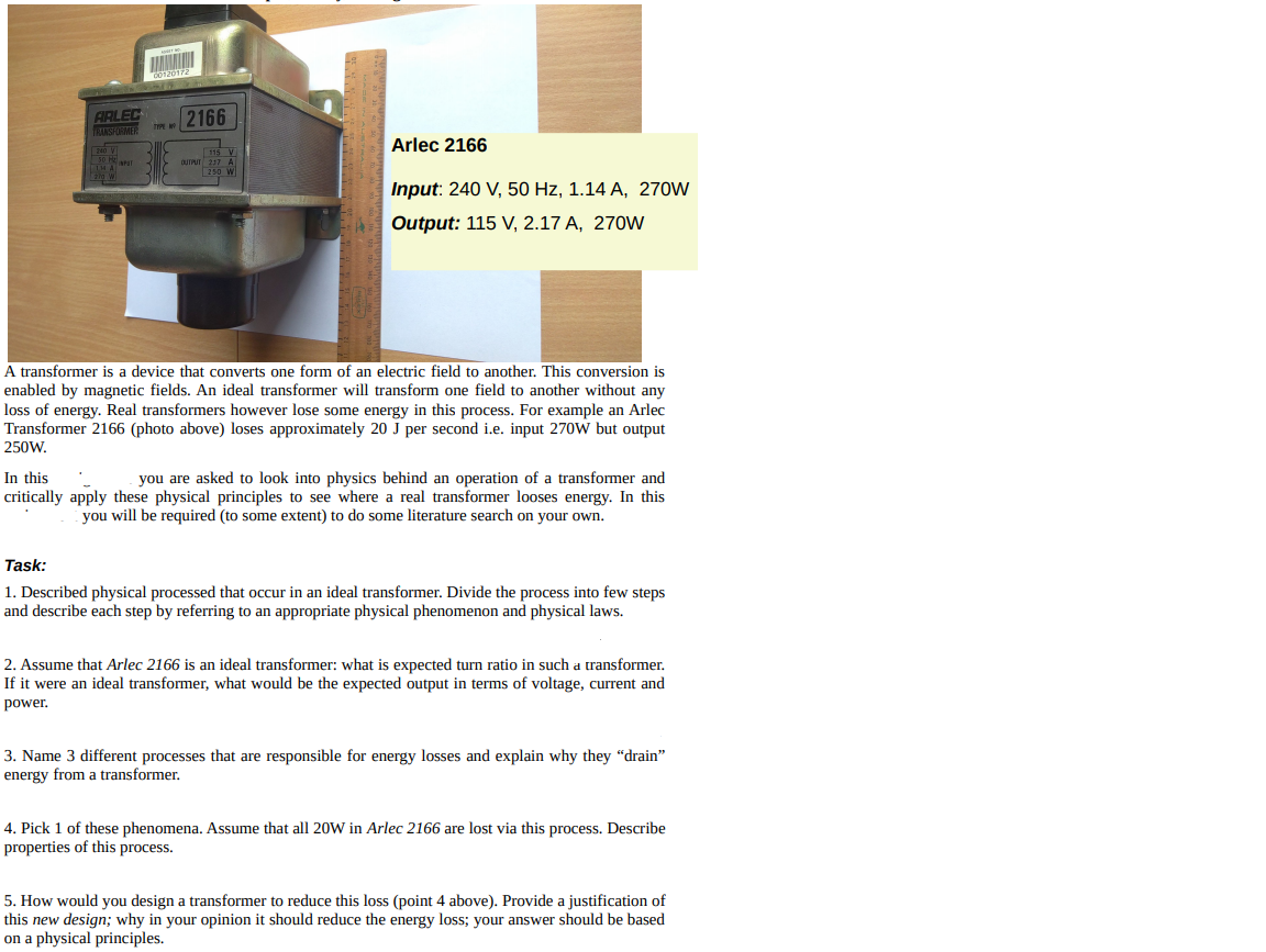 Solved ARLEC TRANSFORMER 2166 TIPE W Arlec 2166 Input: 240 | Chegg.com