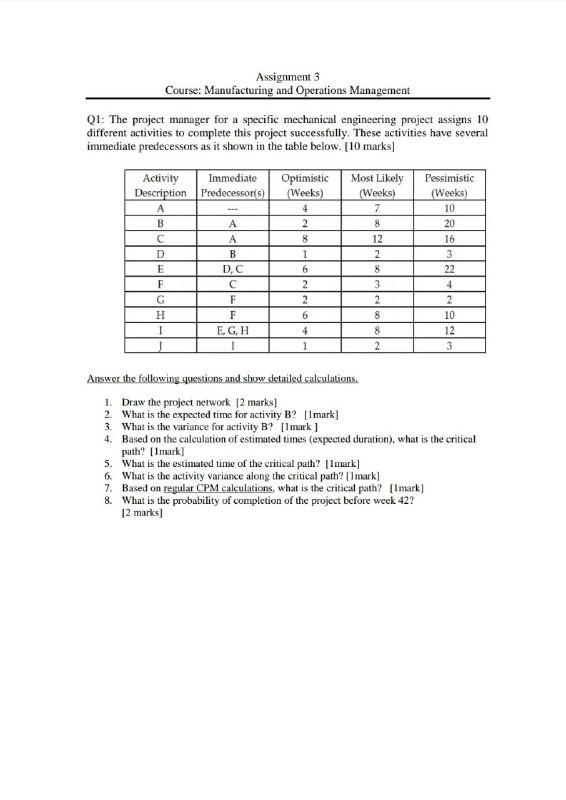 Solved Assignment 3 Course: Manufacturing and Operations | Chegg.com
