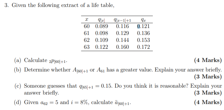 3. Given the following extract of a life table, 9a-1 | Chegg.com