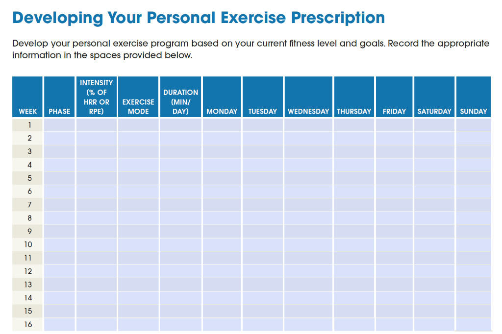 Develop a 16 week personal cardiovascular exercise | Chegg.com