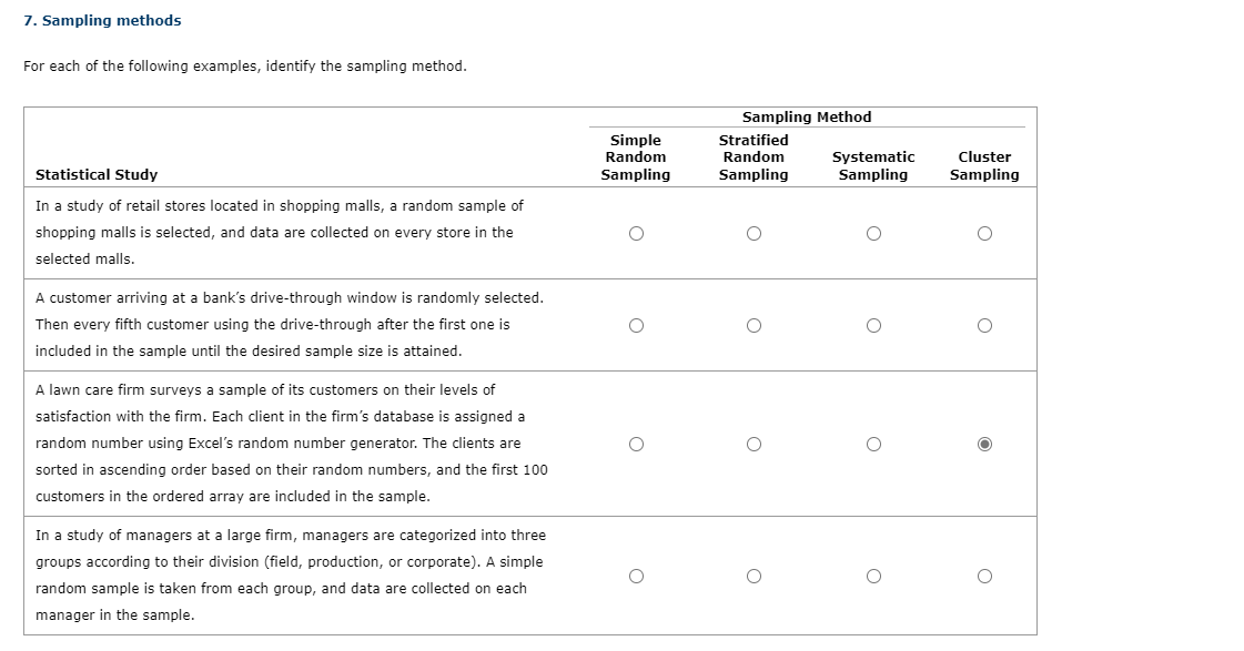 Solved 7. Sampling methods For each of the following | Chegg.com
