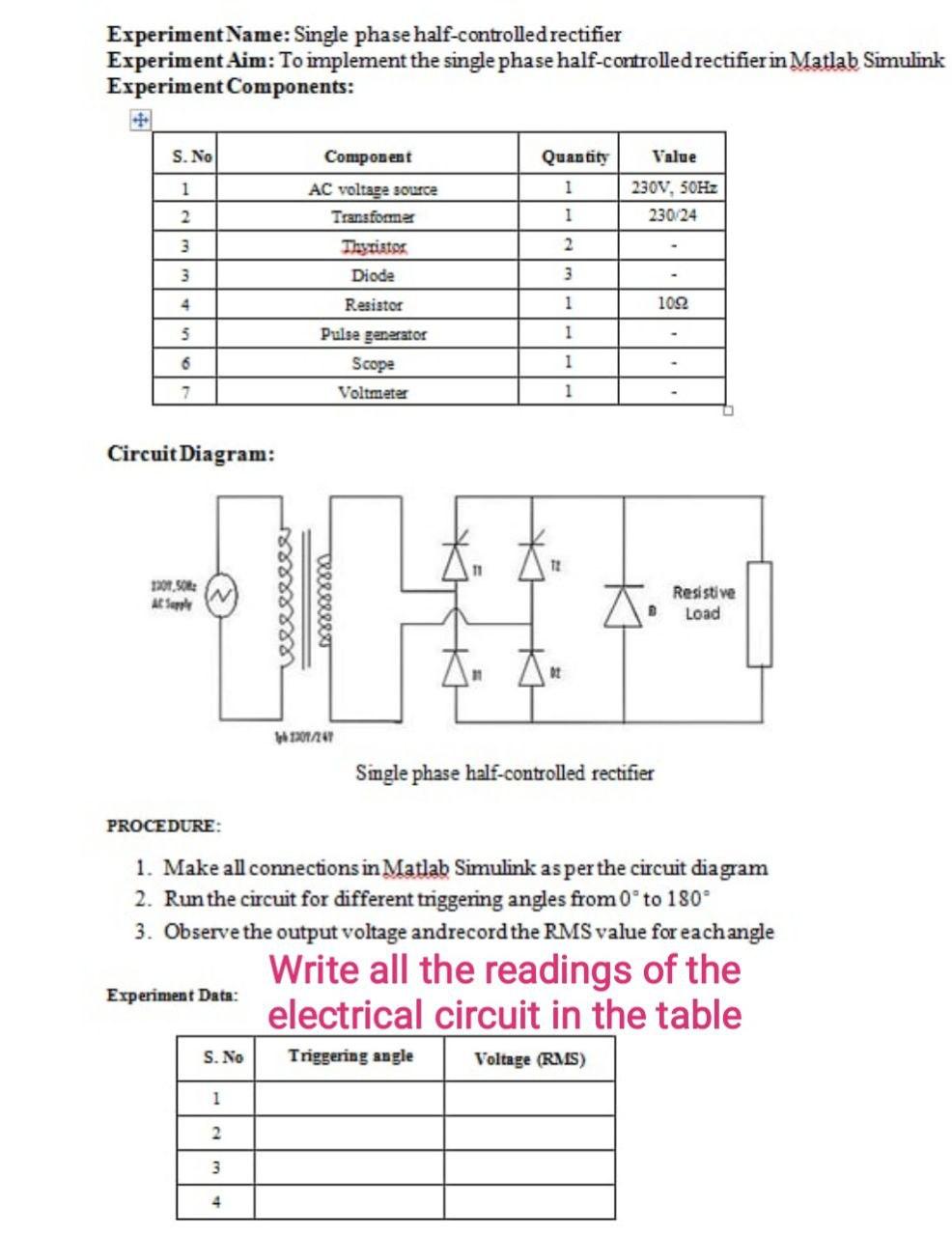 Experiment Name: Single phase half-controlled | Chegg.com
