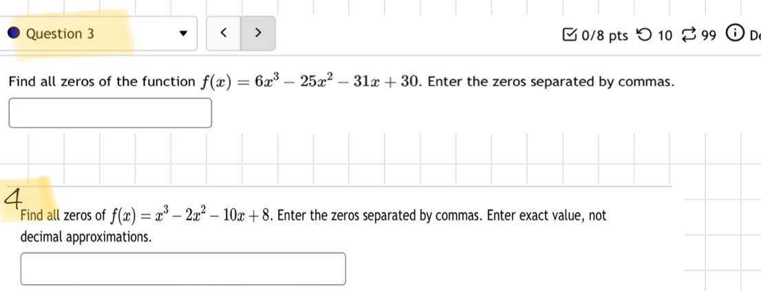 Solved Find all zeros of the function f(x)=6x3−25x2−31x+30. | Chegg.com