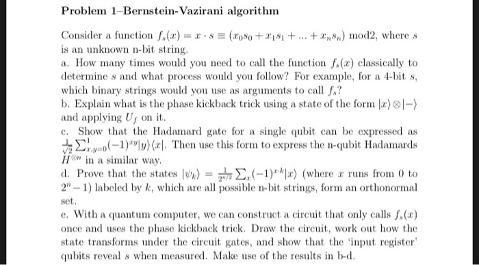 Problem 1-Bernstein-Vazirani algorithm Consider a | Chegg.com