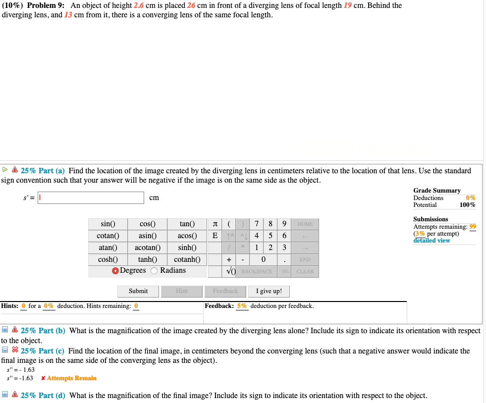 Solved (10%) Problem 9: An object of height 2.6 cm is placed | Chegg.com