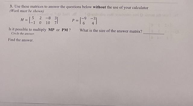 Solved 3. Use these matrices to answer the questions below | Chegg.com