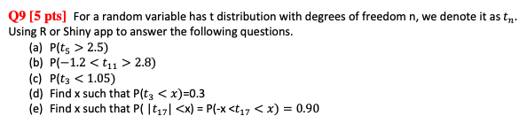 Solved Q9 [5 pts] For a random variable has t distribution | Chegg.com