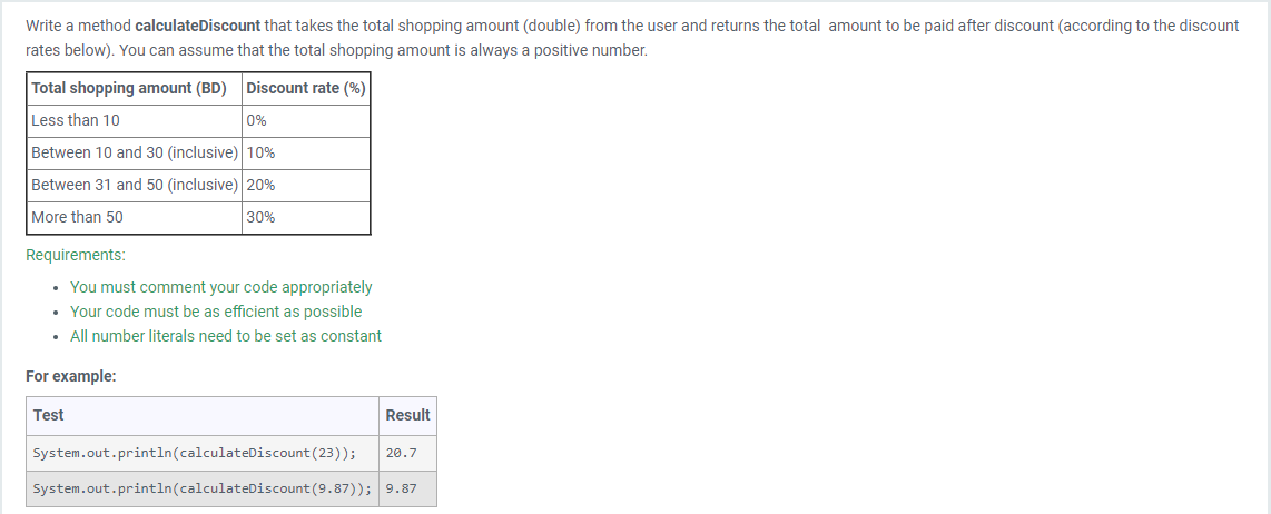 Solved Write a method calculateDiscount that takes the total | Chegg.com