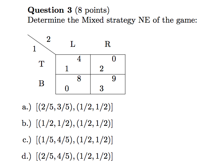 Solved Question 3 (8 points) Determine the Mixed strategy NE | Chegg.com