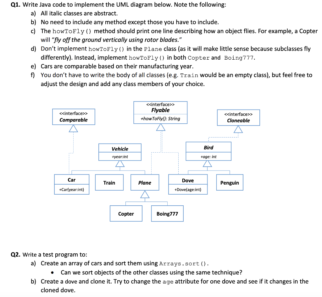 Solved Q1. Write Java code to implement the UML diagram | Chegg.com