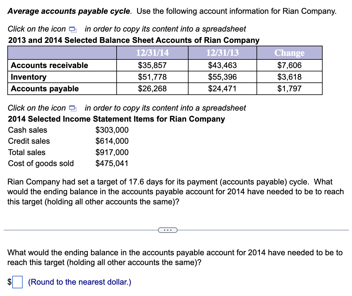 Solved Average accounts payable cycle. Use the following | Chegg.com