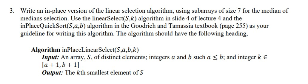 Solved 3. Write an in-place version of the linear selection | Chegg.com