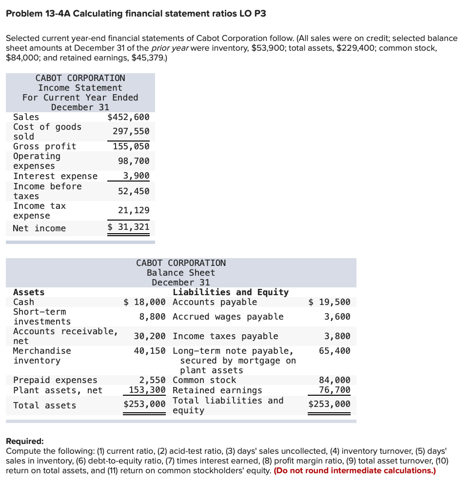 Solved Problem 13-4A Calculating financial statement ratios | Chegg.com
