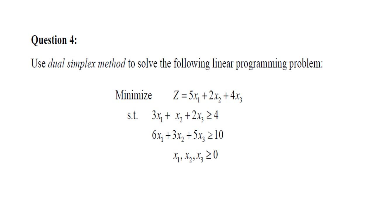 Solved Question 4: Use dual simplex method to solve the | Chegg.com