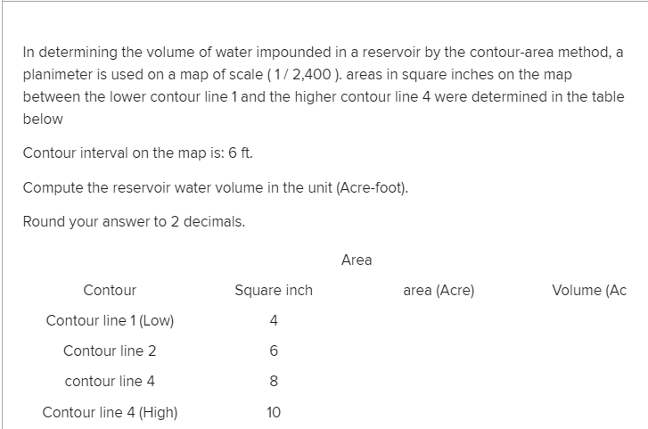 Solved In determining the volume of water impounded in a | Chegg.com