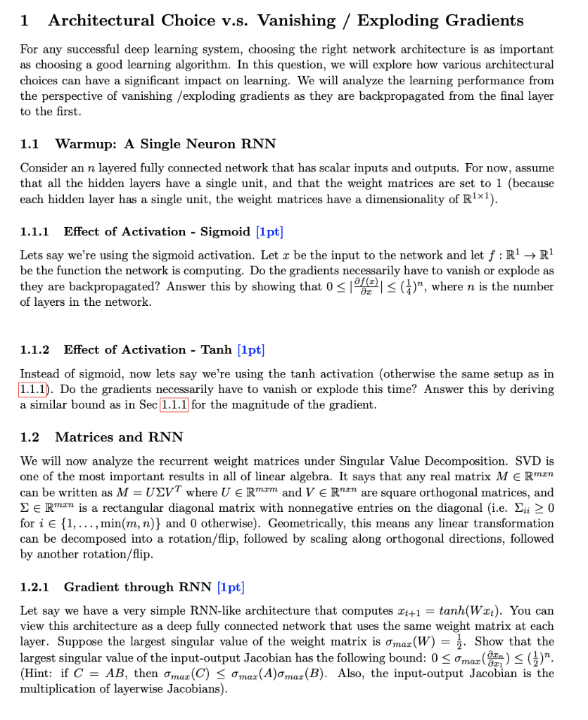 1 Architectural Choice v.s. Vanishing / Exploding | Chegg.com