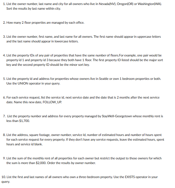 1. List the owner number, last name and city for all | Chegg.com