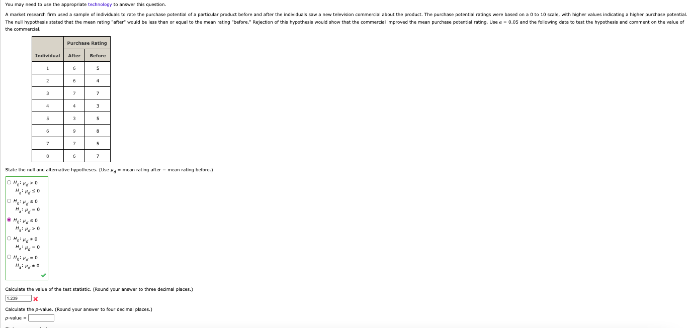 Solved State the null and alternative hypotheses. (Use μd= | Chegg.com