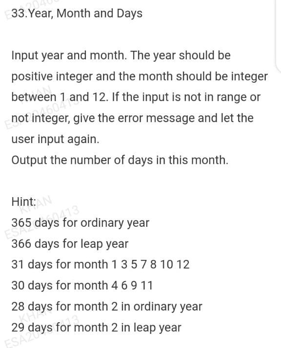Solved 33. Year, Month and Days Input year and month. The | Chegg.com