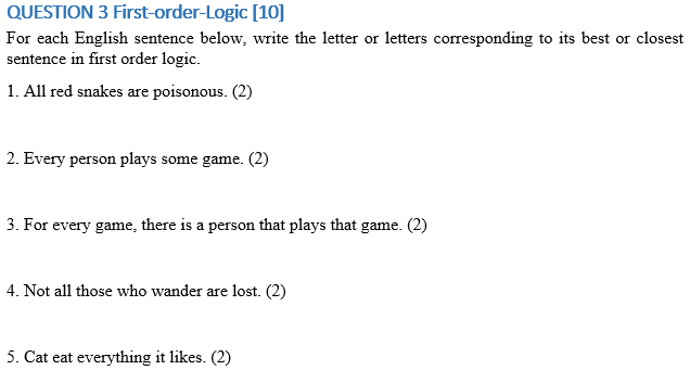 Solved QUESTION 3 First-order-Logic [10] For each English | Chegg.com