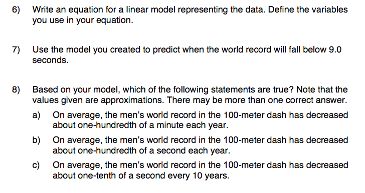 Solved Questions 5–8: The table below shows the world record | Chegg.com