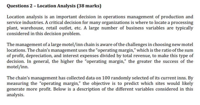 Questions 2 - Location Analysis (38 marks) Location | Chegg.com