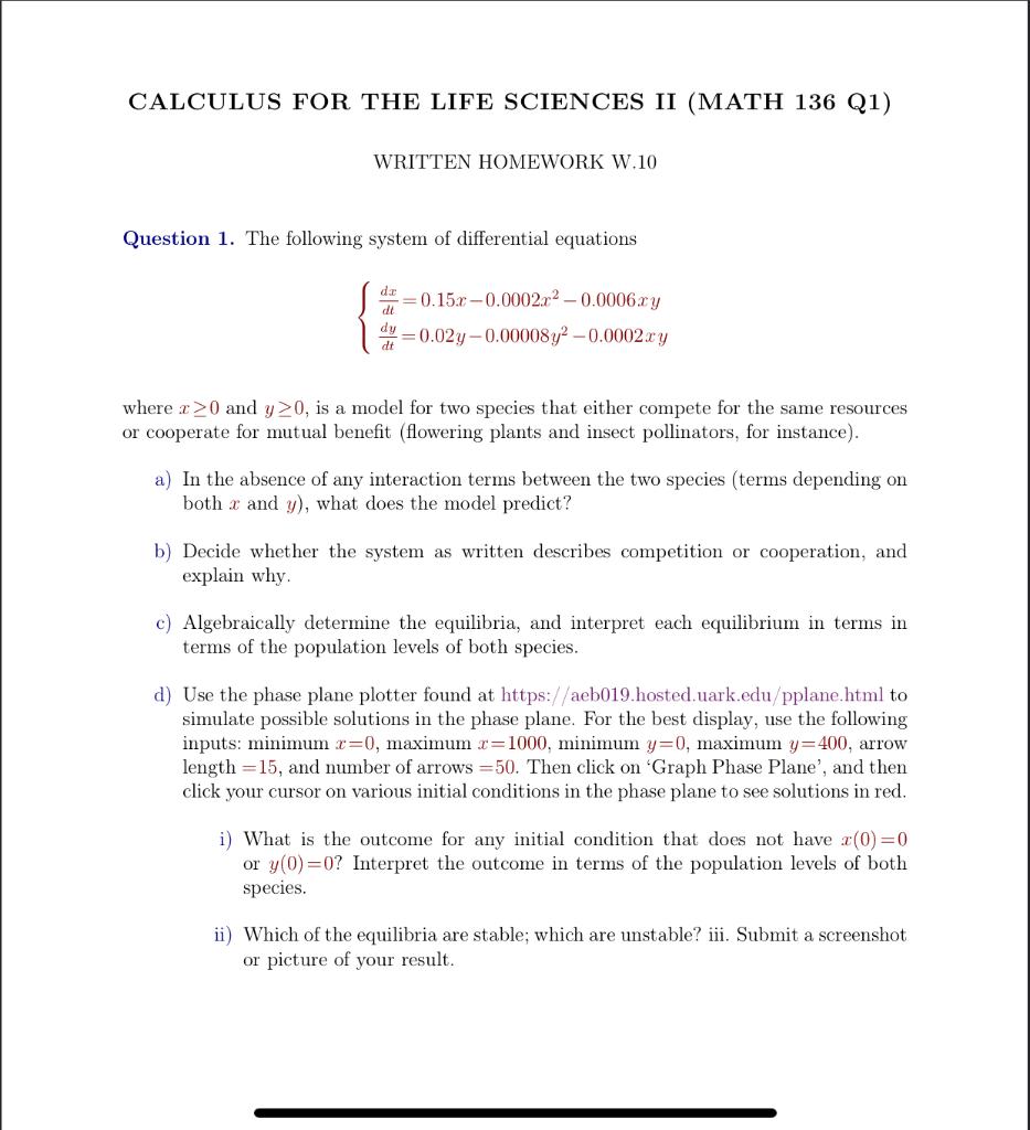 CALCULUS FOR THE LIFE SCIENCES II (MATH 136 Q1) | Chegg.com