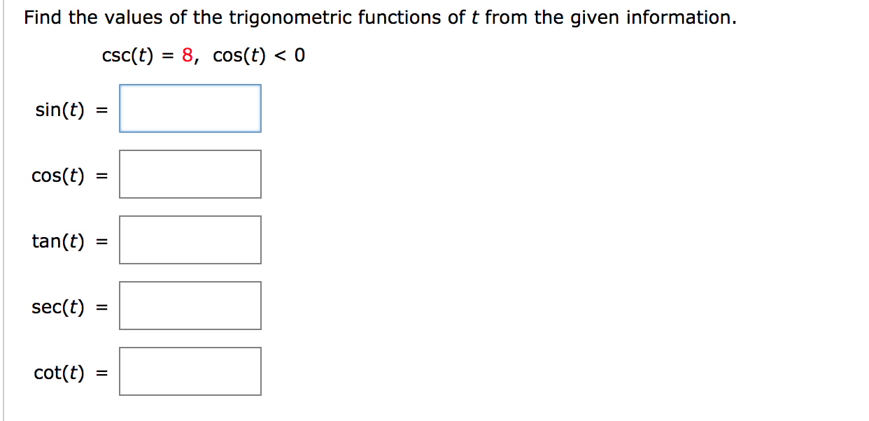 Solved Find the values of the trigonometric functions of t | Chegg.com