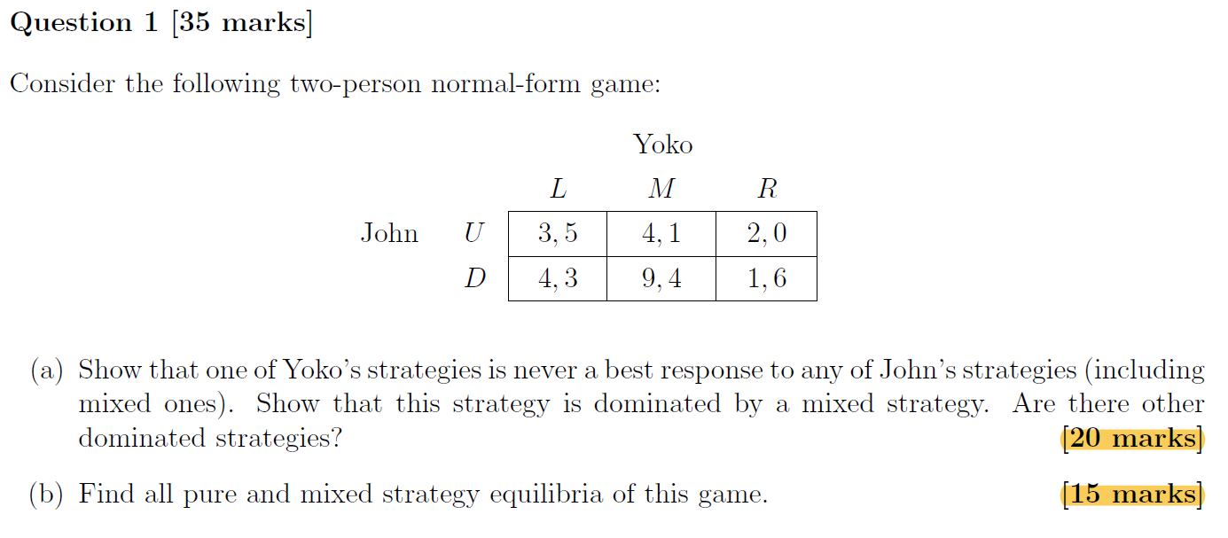 Solved Consider the following two-person normal-form game: | Chegg.com