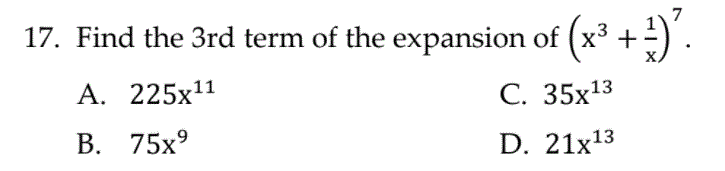 Solved 17. Find the 3rd term of the expansion of (x3 + +2)? | Chegg.com