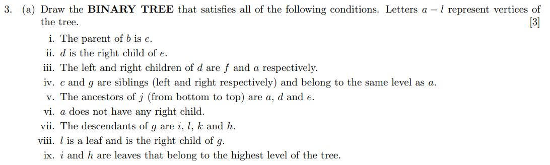Solved 3. (a) Draw the BINARY TREE that satisfies all of the | Chegg.com