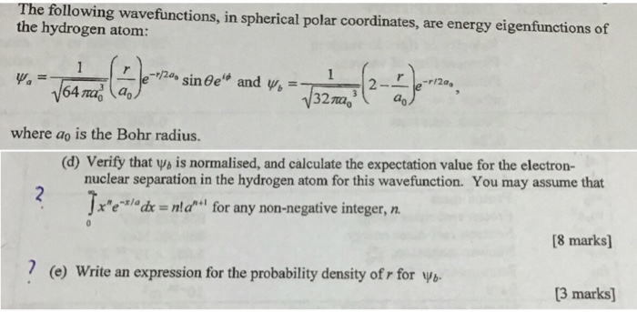 Solved The following wavefunctions, in spherical polar | Chegg.com