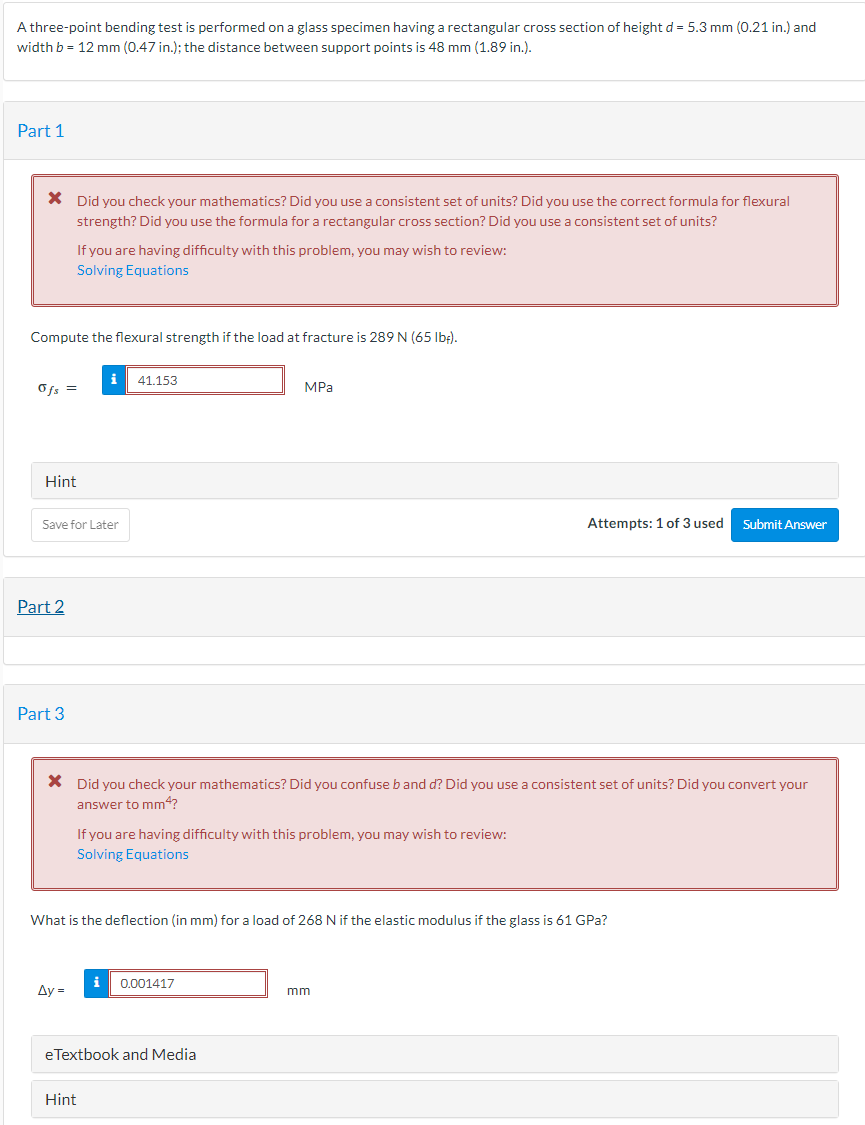 Solved A three-point bending test is performed on a glass | Chegg.com
