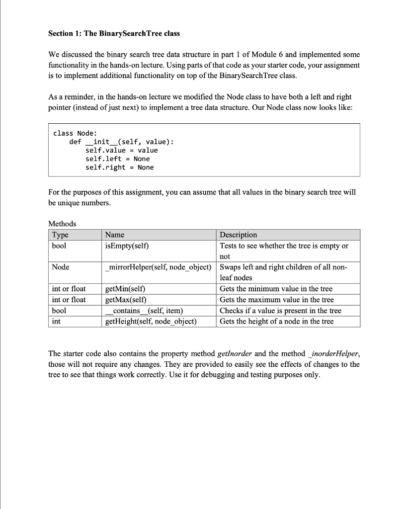 Solved Section 1: The Binary Search Tree class We discussed | Chegg.com