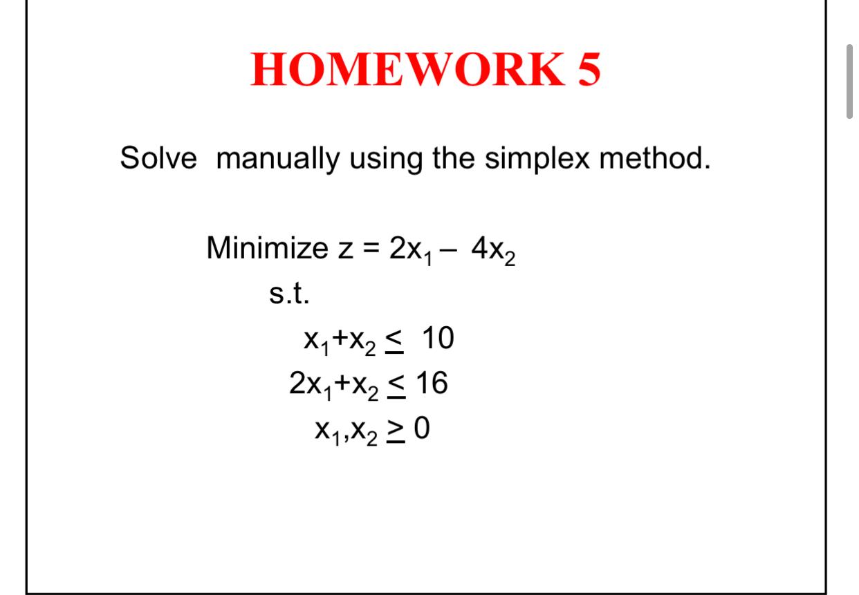 Solved HOMEWORK 5 Solve manually using the simplex method. | Chegg.com