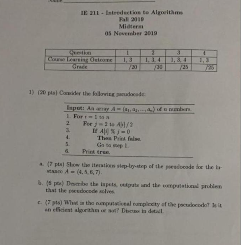 Solved IE 211 - Introduction to Algorithms Fall 2019 Midterm | Chegg.com