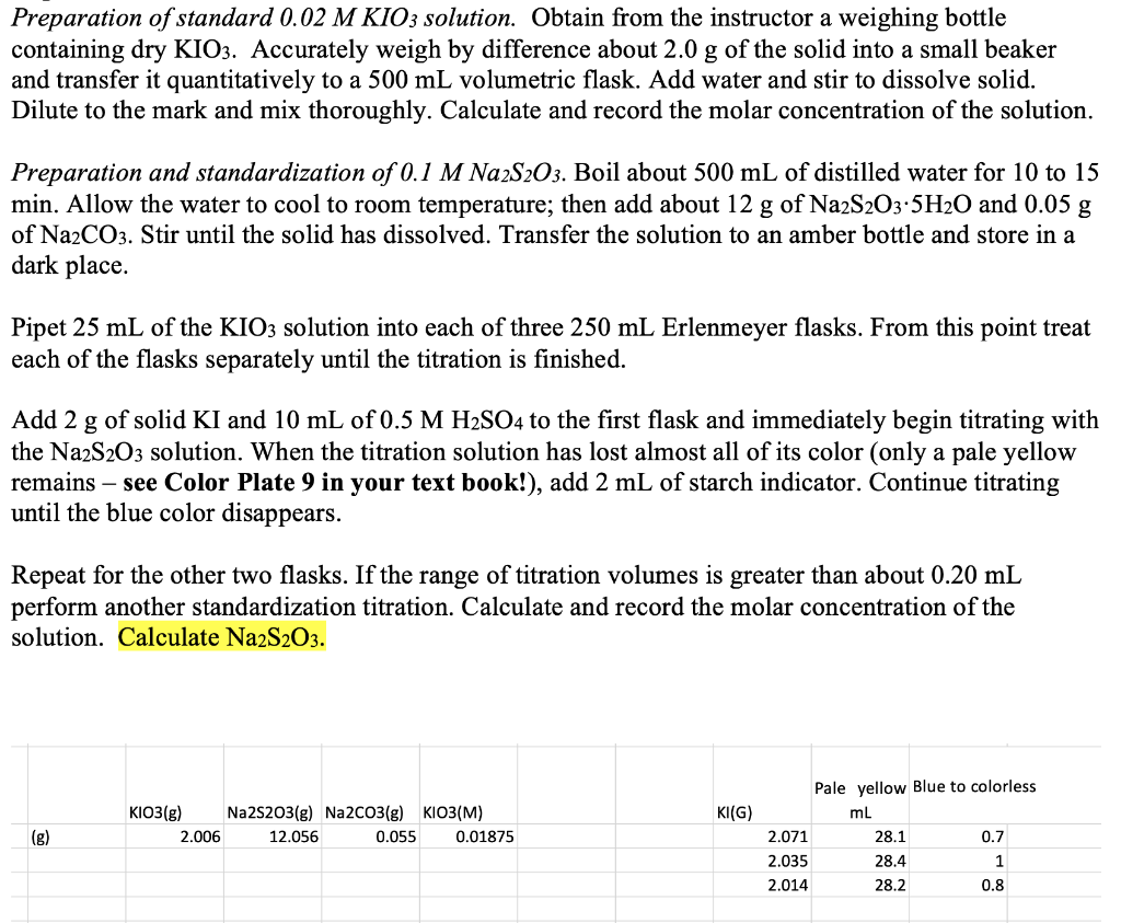 Solved Preparation of standard 0.02 M KIO3 solution. Obtain | Chegg.com
