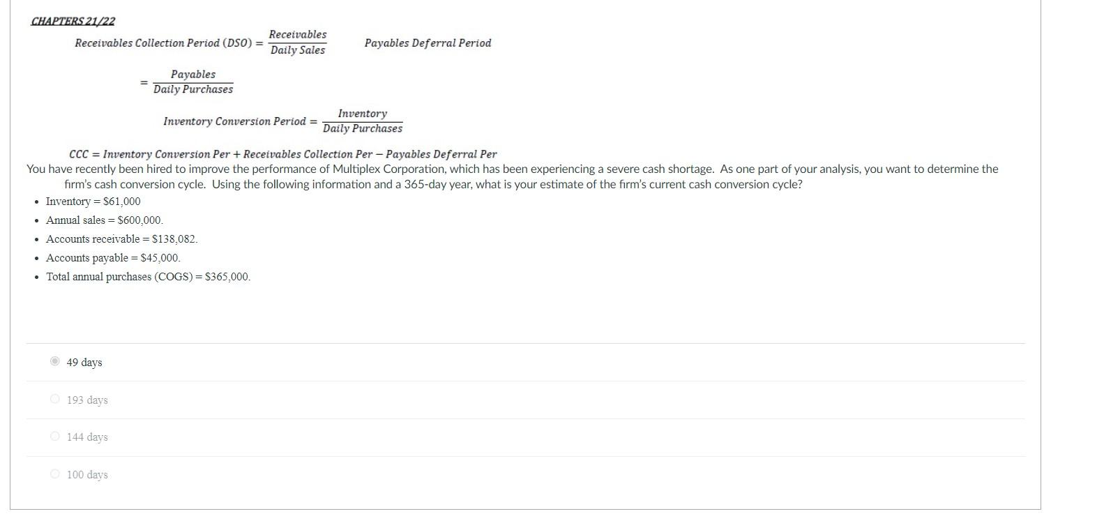 Solved Receivables Collection Period (DSO)= Payables | Chegg.com