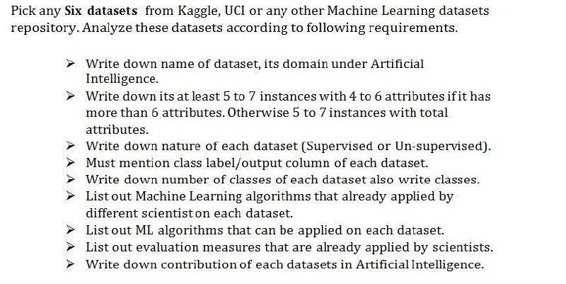 Solved Pick any Six datasets from Kaggle, UCI or any other | Chegg.com