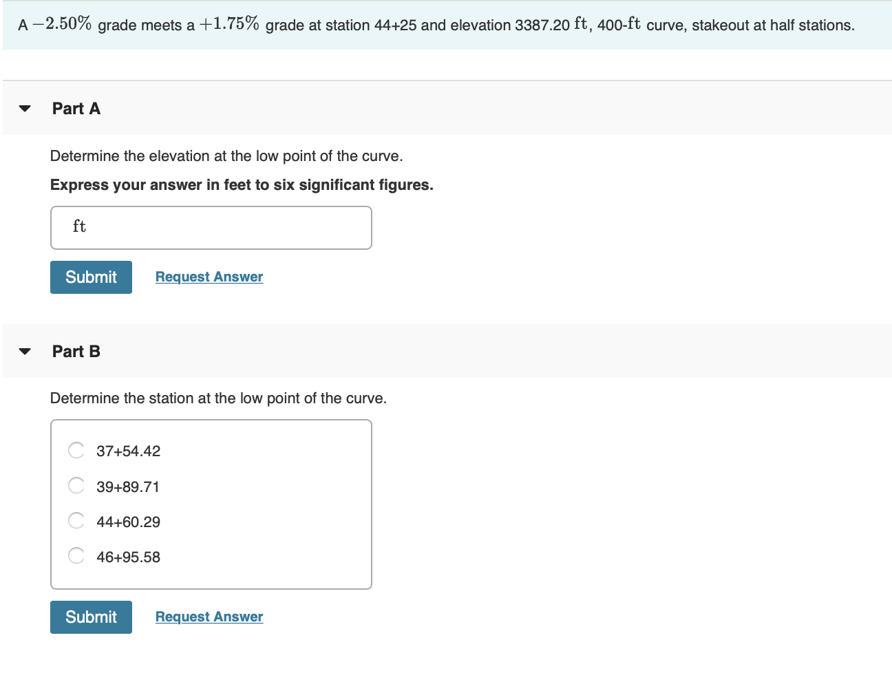 Solved A–2.50% grade meets a +1.75% grade at station 44+25 | Chegg.com